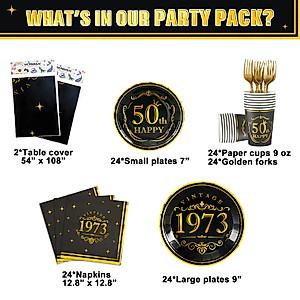 50th Birthday Party 122 PCS Plates Forks Cups Napkins and Tablecloths - Disposable Paper Dinnerware Set Women Men Vintage 1973 Party 50 Years Old Retirement Party Tableware Serves 24 Guests