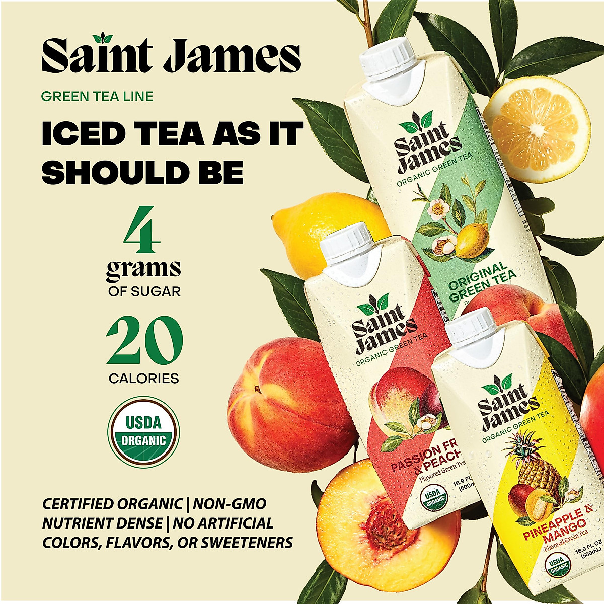 Saint James Iced Tea | Passion Fruit & Peach Organic Green Tea | Organic, Non-GMO Green Tea, 12 Pack (16.9oz each)