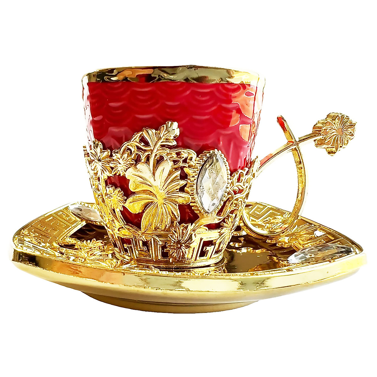 Chandler Turkish Coffee Set Espresso Greek Arabic Coffee Cup and Saucer 3 Fl oz with Gold Acrylic Gift Box Collection of 7 Colors and Designs (Red With Gold and White Gem)