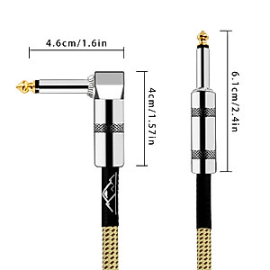 EASTROCK 1/4 inch Guitar Instrument Cable 10/20 Foot Right Angle to Straight Tweed Cloth Jacket Guitar Cable Input for Electric Guitar, Bass, Amp, Keyboard, Mandolin, Mixing Desks (20 Foot Yellow)