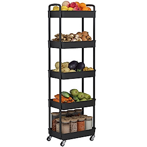 JIUYOTREE 5-Tier Rolling Storage Cart Utility Cart with Lockable Wheels for Living Room Bathroom Kitchen Office Black