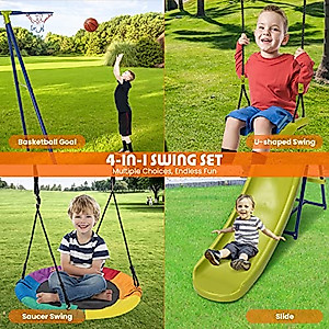 Costzon Swing Sets for Backyard, 4-in-1 Heavy Duty Large Metal Swing Frame w/2 Adjustable Swings, Slide, Basketball Hoop, Play Equipment for Indoor Outdoor Gift Kids 3-12 Years Old