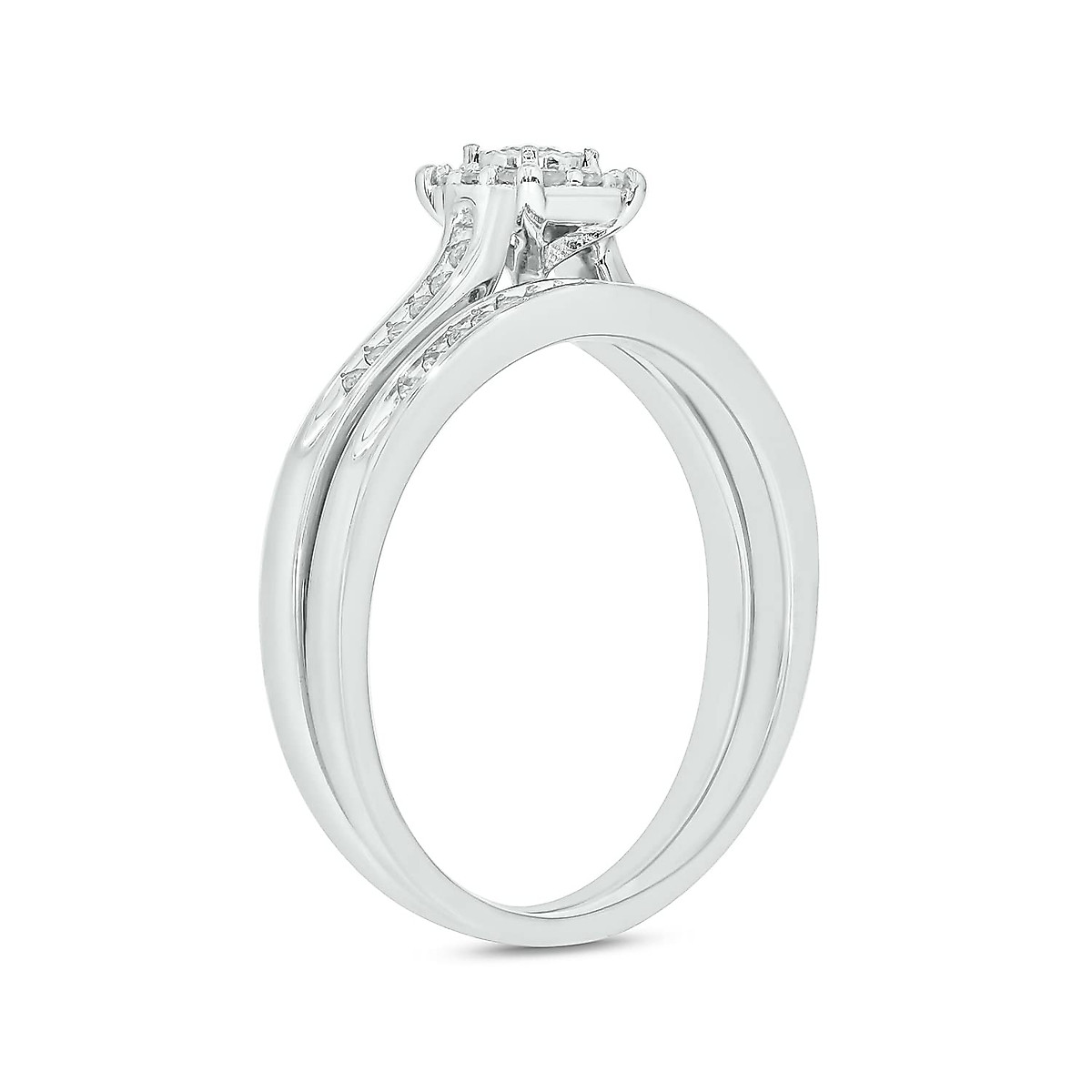 Cali Trove, 1/4cttw Diamond Halo Round Engagement Ring with Matching Diamond Wedding Band for Women in 925 Sterling Silver, Women's Silver Round Wedding Ring Set with Halo and Diamond Accented Bands,7