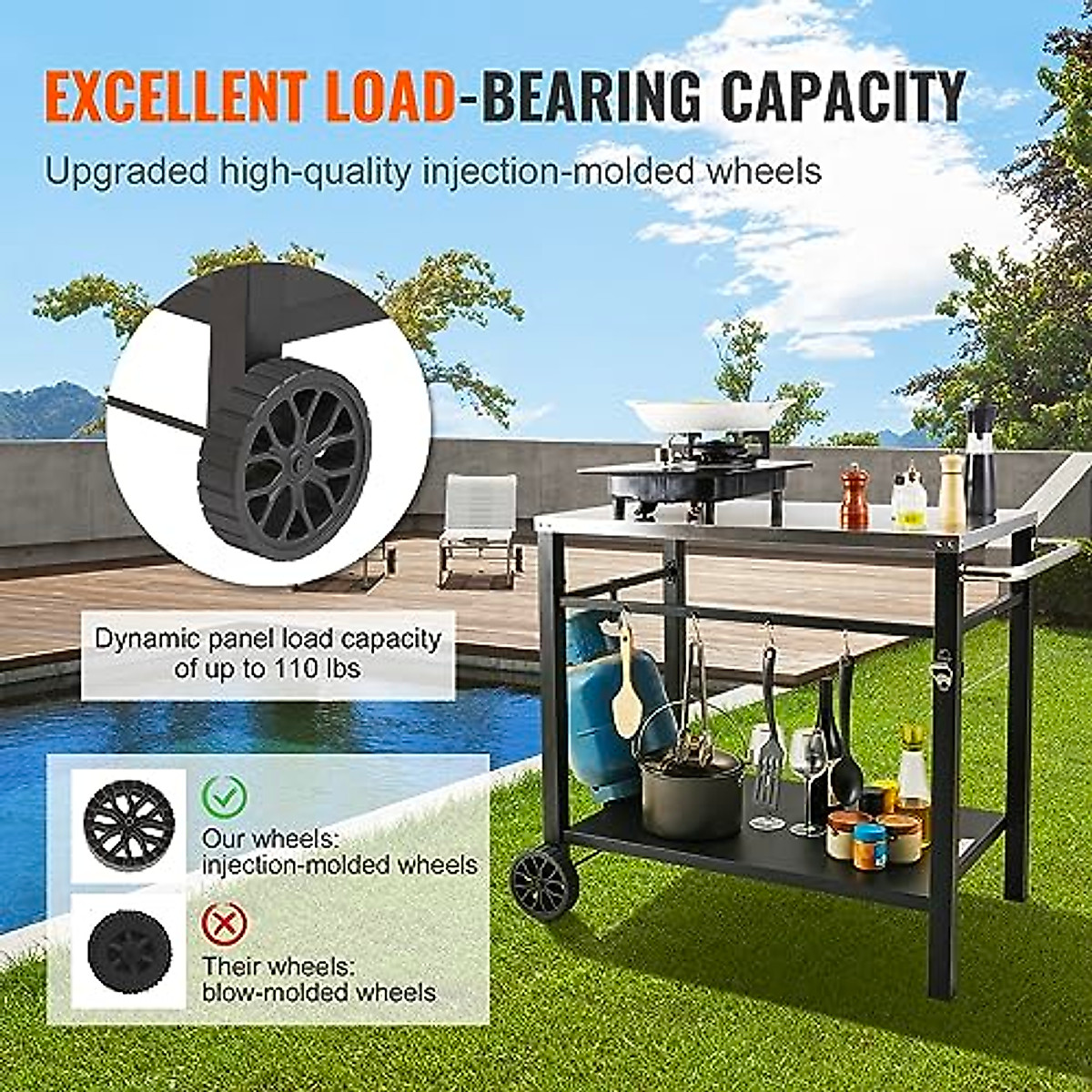 VEVOR Outdoor Grill Dining Cart with Double-Shelf, BBQ Movable Food Prep Table, Multifunctional Stainless Steel Table Top, Portable Modular Carts for Pizza Oven, Worktable with 2 Wheels, Carry Handle