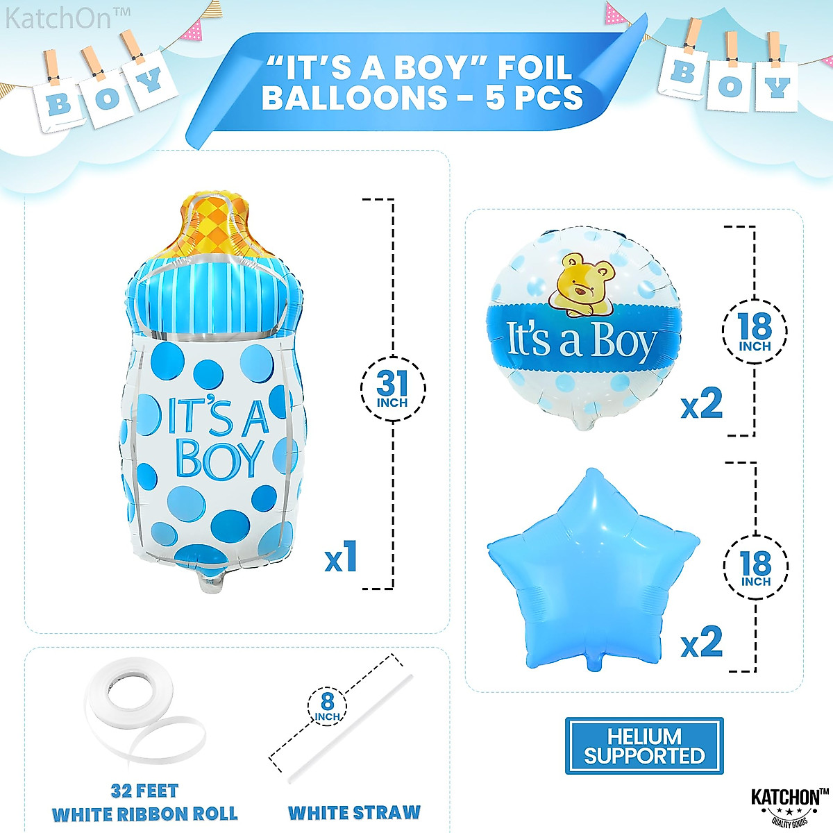 KatchOn, Its A Boy Balloons Set - Pack of 5 | Baby Boy Balloons | Baby Shower Balloons for Boy | Blue Baby Bottle Balloon, Welcome Baby Boy Decorations | It's A Boy Balloons, Baby Boy Foil Balloon