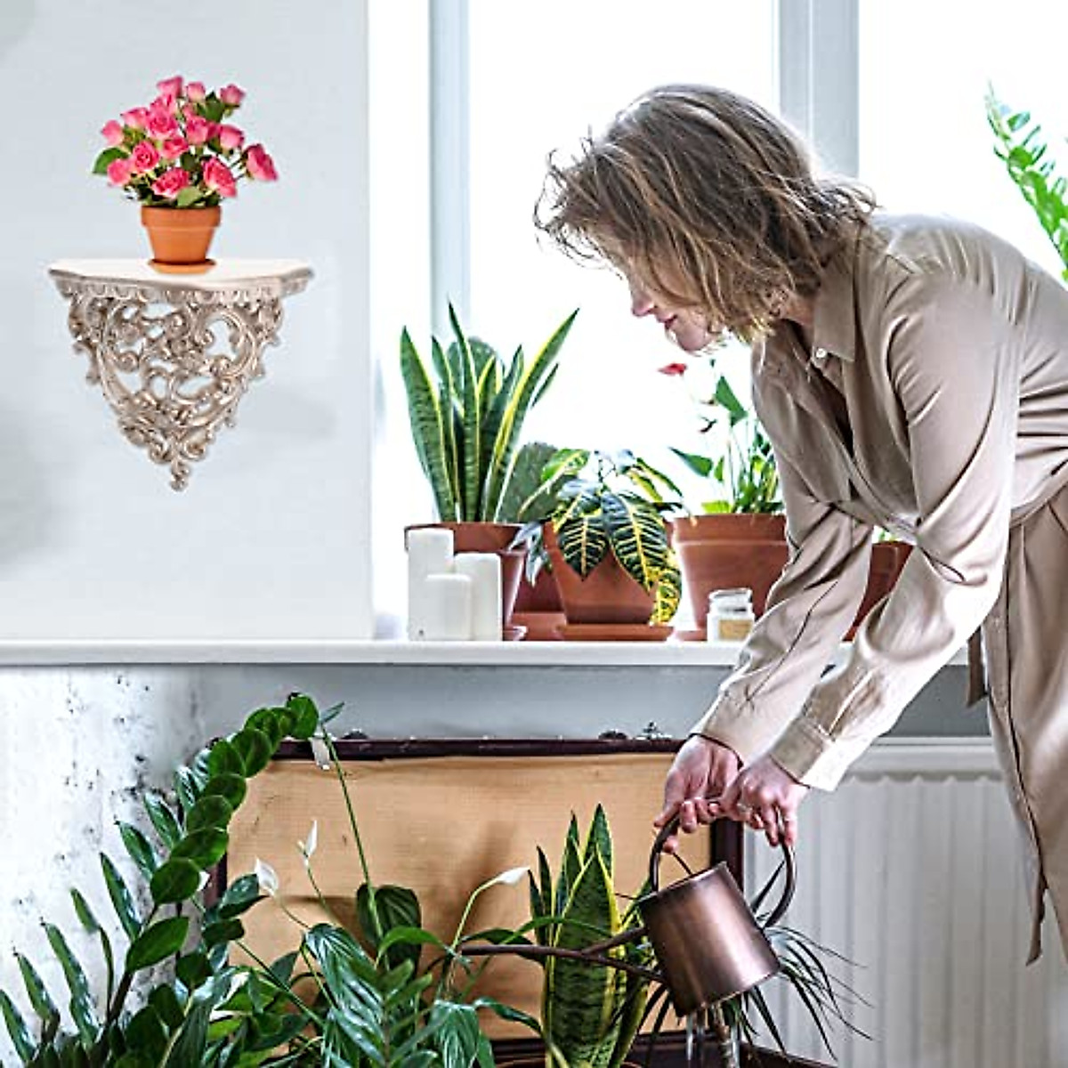 DOITOOL Flower Holder Floating Shelves, Wall Mounted European Style Carved Hollow Shelve, Wall Hanging Shelf for Living Room Bedroom Office Home Wall Decoration Bathroom Wall Shelves