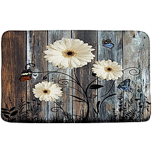 Rustic Daisy Bath Mat Retro Floral Flower Butterfly Blue Grey Wooden Board Farmhouse Barnwood Vintage American Country Bathroom Mat Rug Memory Foam Carpet Doormat 24"x16"