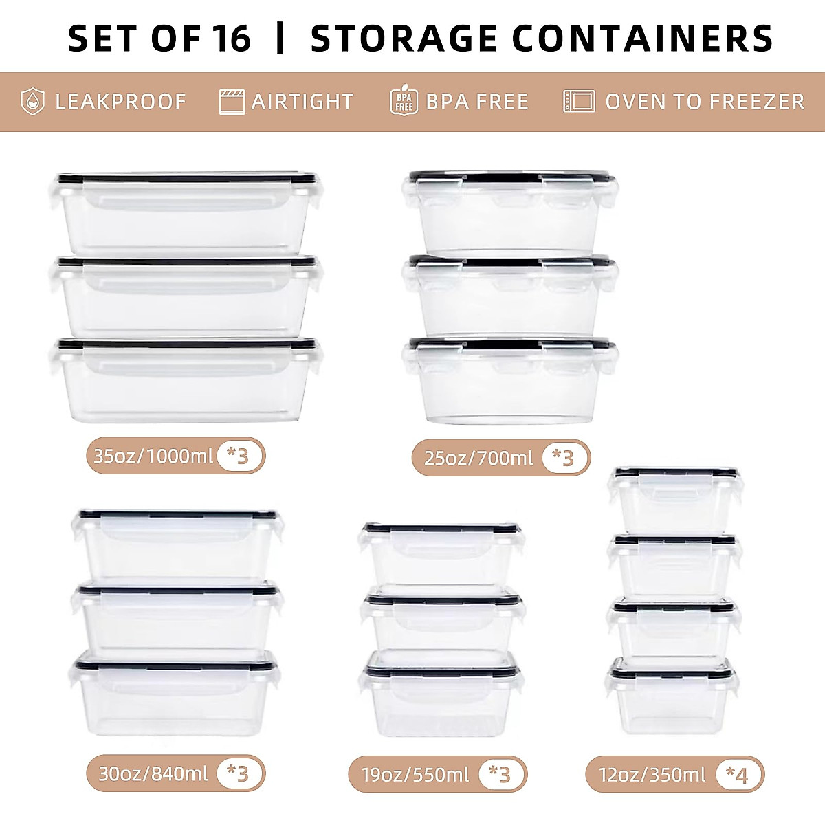 ECO-TOGO 360oz Airtight Plastic Food Storage Containers with Lids (16-Pack 360oz)