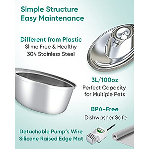 ZeePet Cat Water Fountain Stainless Steel D60,100oz/3L Pet Water Fountain for Cats Inside,Dog Fountain Water Bowl for Small, Medium Dogs and Cats (with mat, 6pcs Filters, Brushes)
