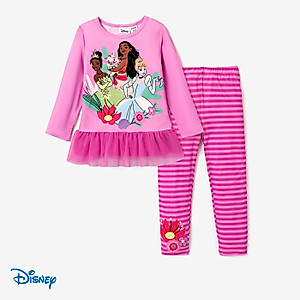 Disney Princess Girls Outfits Ruffle Mesh Hem Long-sleeve Top Floral Bowknot Pants 2PCS Pink 3-4 Years