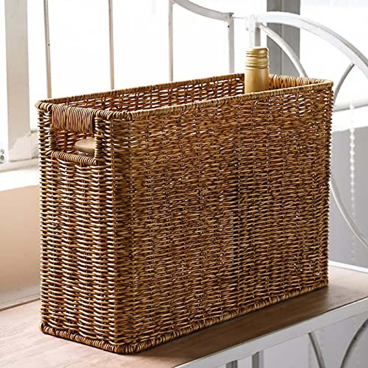 Bddalpke Hand-Woven Basket Plastic Rattan Sundries Storage Bins Japanese Style Finishing Basket for Closets Bedroom Magazine Newspaper Home Decor (Dark Brown)