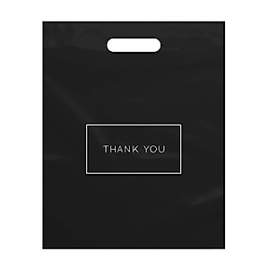 Purple Q Crafts Die Cut Plastic Shopping Bags with Thank You Logo 12" x 15" Boutique Bags with Handles 100 Pack for Merchandise, Gifts, Trade Shows and More