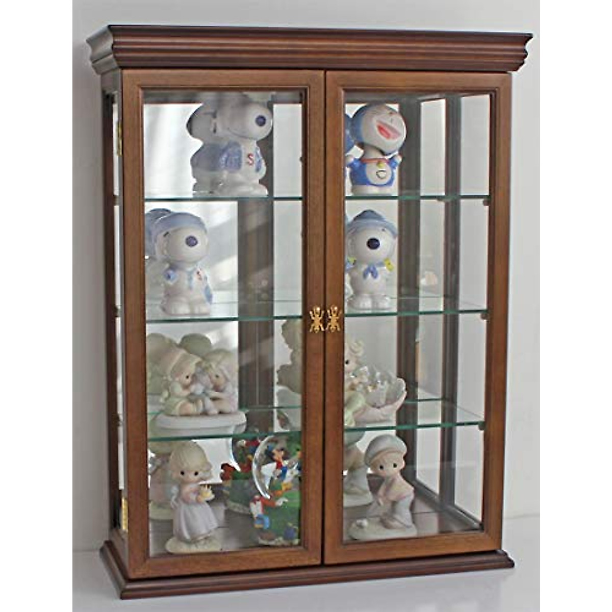 DisplayGifts 26" Solid Wood Tuscan Style Wall Mount Small Curio Cabinet Stand 19.75" W X 26" H X 7" D Walnut Mirror Background