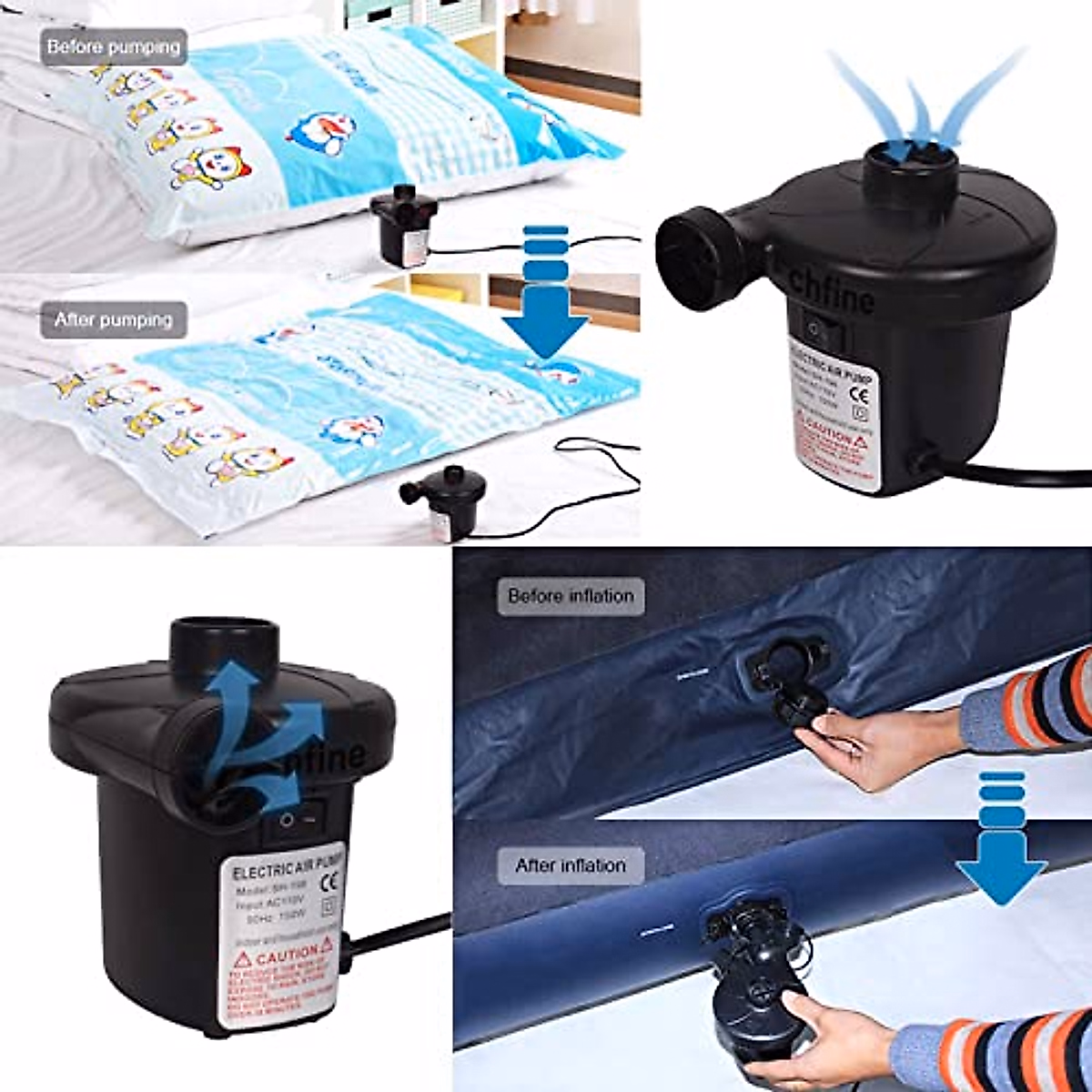 Electric Air Pump, Portable Air Pump Quick-Fill Inflator Deflator with 3in1 Nozzle Adapter for Air Mattresses Airbeds Boats Swimming Ring Inflatable Pool Raft(AC 110V/DC 12V)