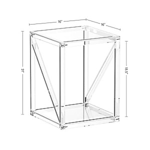 Acrylic Side Table, 16" W Square, 2-Tier Clear Nightstand/Bedside Table/End Table for Living Room, Bedroom, Small Coffee Table, 120 lb Loads, Modern, 21" H