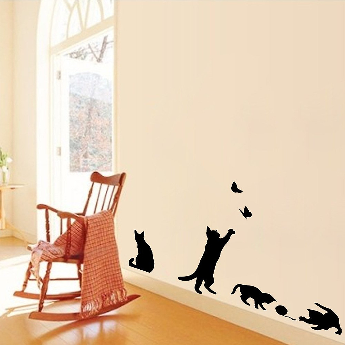 DNVEN Cats Decals Cats Playing Cathing Butterfly Silhouette Children Animals Kids Wall DIY Vinyl Removable Stickers Murals for Kids Rooms Children's Rooms Bedrooms Nursery 37 inches x 21 inches