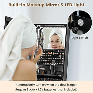 LOKO Freestanding Jewelry Cabinet with LED Light Strip, Lockable Jewelry Armoire w/ 3 Adjustable Angle, Foldable Organizer Storage w/High Full Length Mirror for cloakroom bedroom living room (Black)