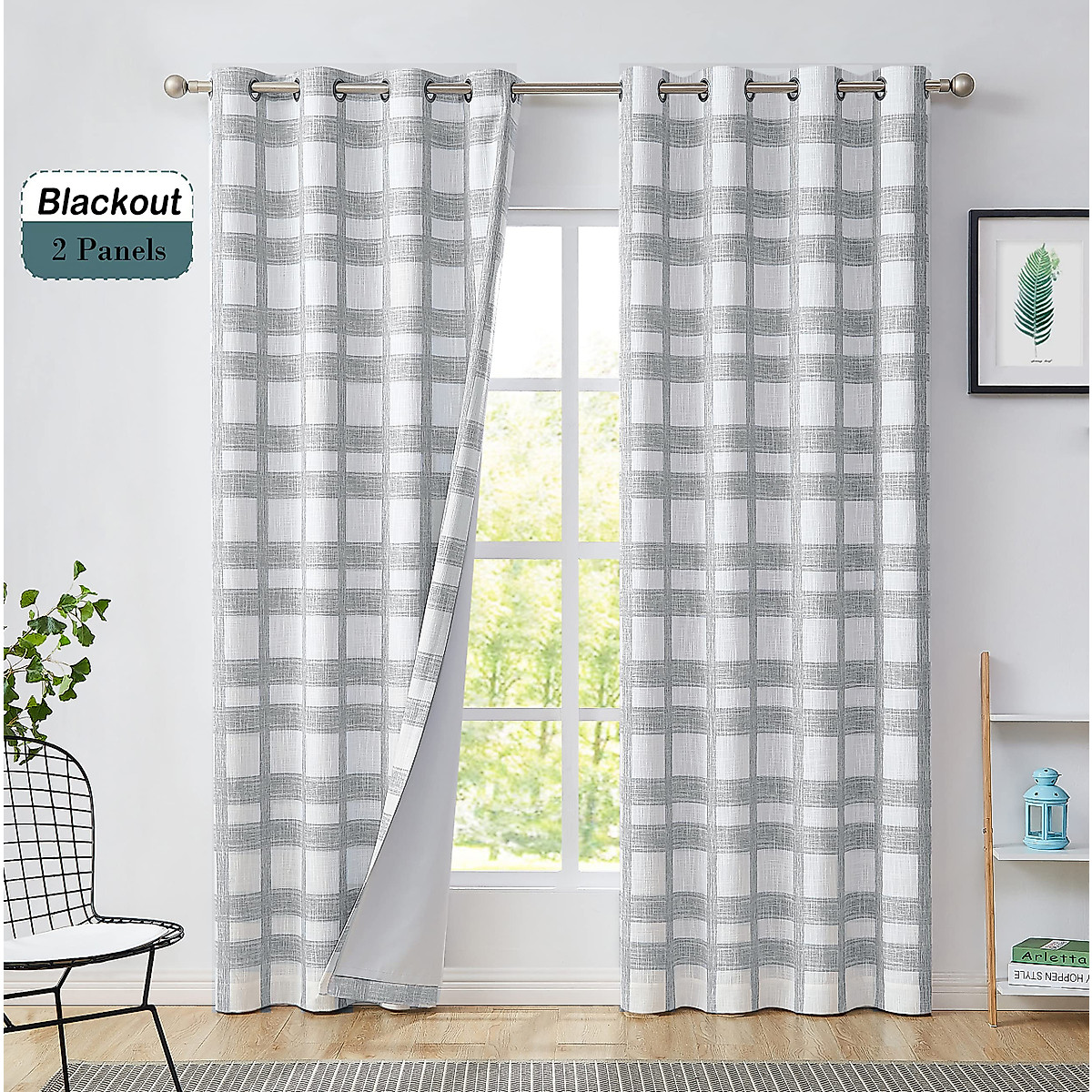 Central Park White Grey Plaid Blackout Window Curtain Linen Buffalo Check Geometric Panel 84" Long for Bedroom Living Room Grommets Top Rustic Farmhouse Room Darkening Thermal Insulated Drape, 1 Pc