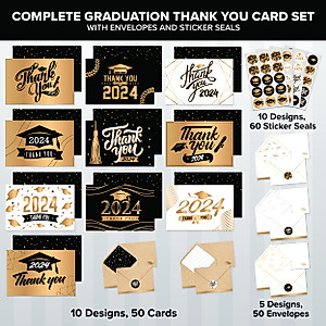 50 Pack Gold-Foiled Thank You Cards for Graduation with Envelopes & Stickers - 10 Designs Blank Inside Graduation Thank You Cards with Envelopes, 6x4in Thank You Graduation Cards Grad Thank You Cards