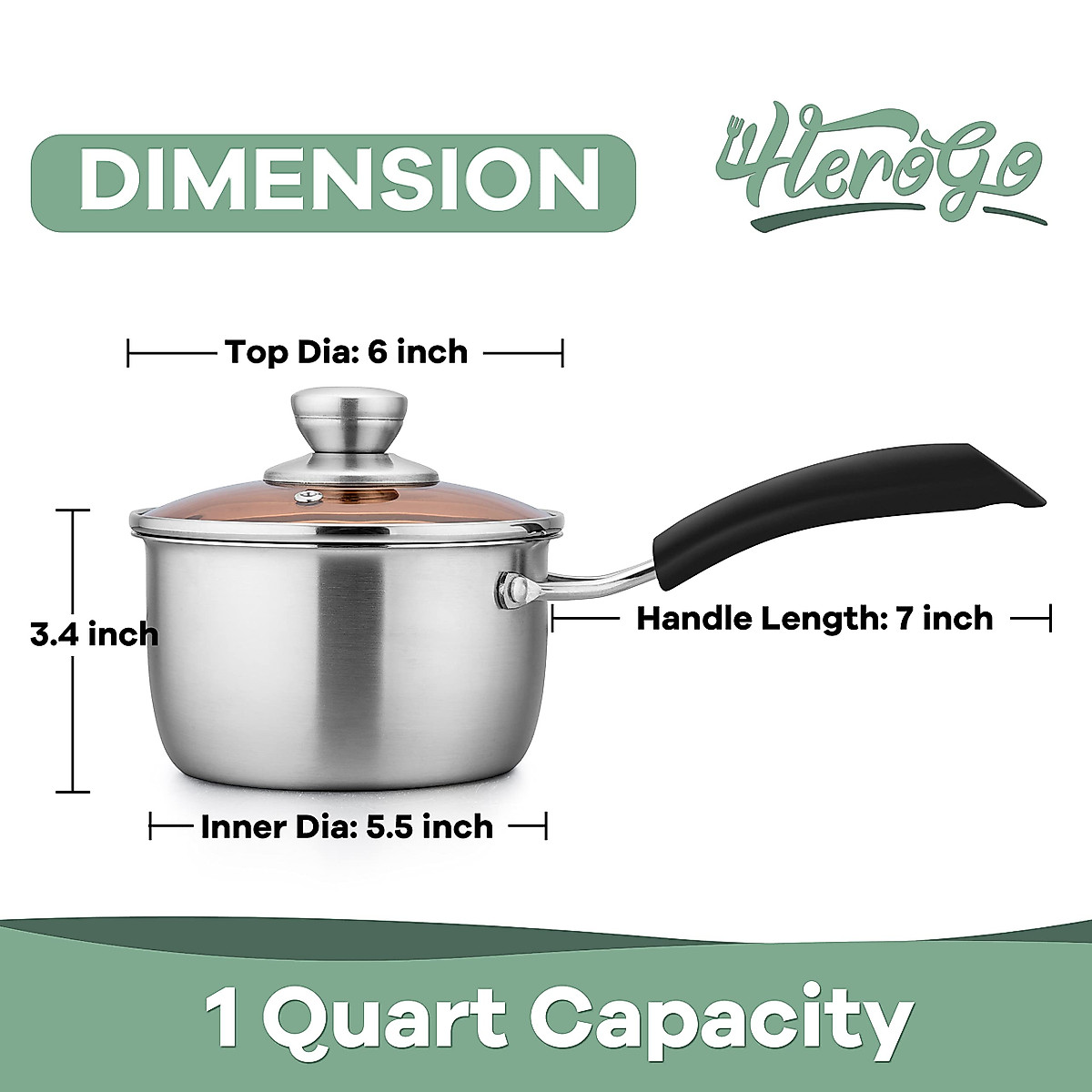 Herogo 1 Quart Saucepan with Lid, 18/10 Stainless Steel Nonstick Small Sauce Pan Pot, 1Qt Saucepan for Gas Electric Stove Top Camping, Healthy & Rust Free