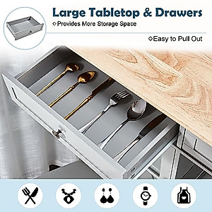 AVAWING Rolling Kitchen Island Cart with Storage, 42" Width Kitchen Cart w/ 2 Wheels, Coffee Cart with Drawers & Openshelves & Glass Cabinet & Towel Rack, Portable Islands, Grey