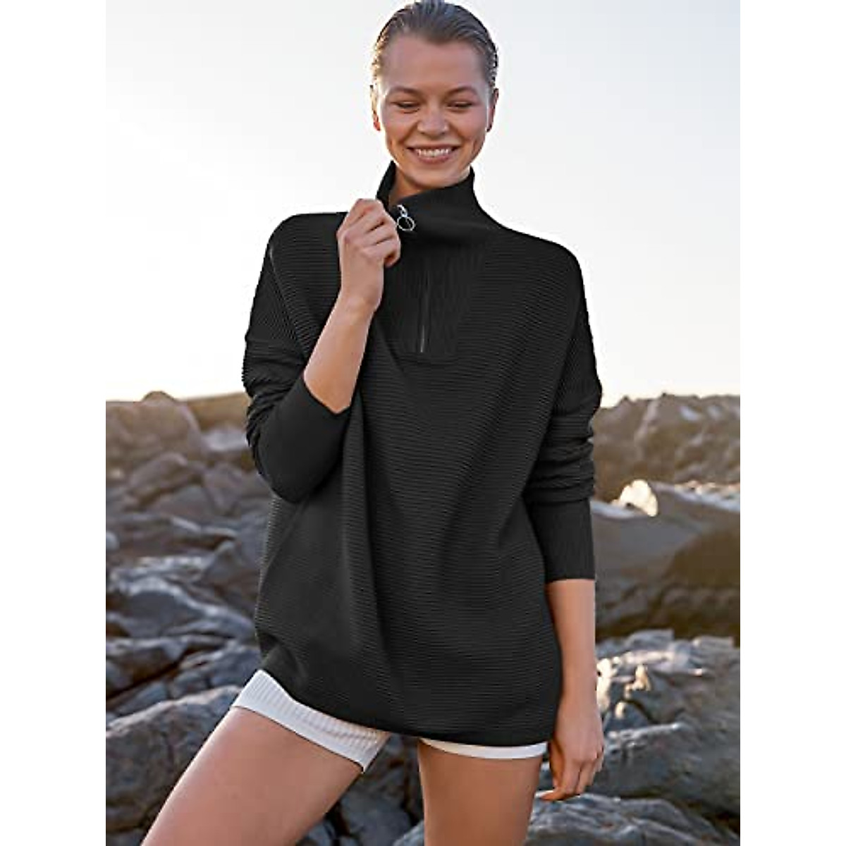 ANRABESS Women's Sweater Oversized Quarter Zipper Casual Long Sleeve Collar High Neck Ribbed Knit Loose Fit Half Zip Tunic Pullover 2023 Fashion Fall Outfits Tops 802heise-XL Black