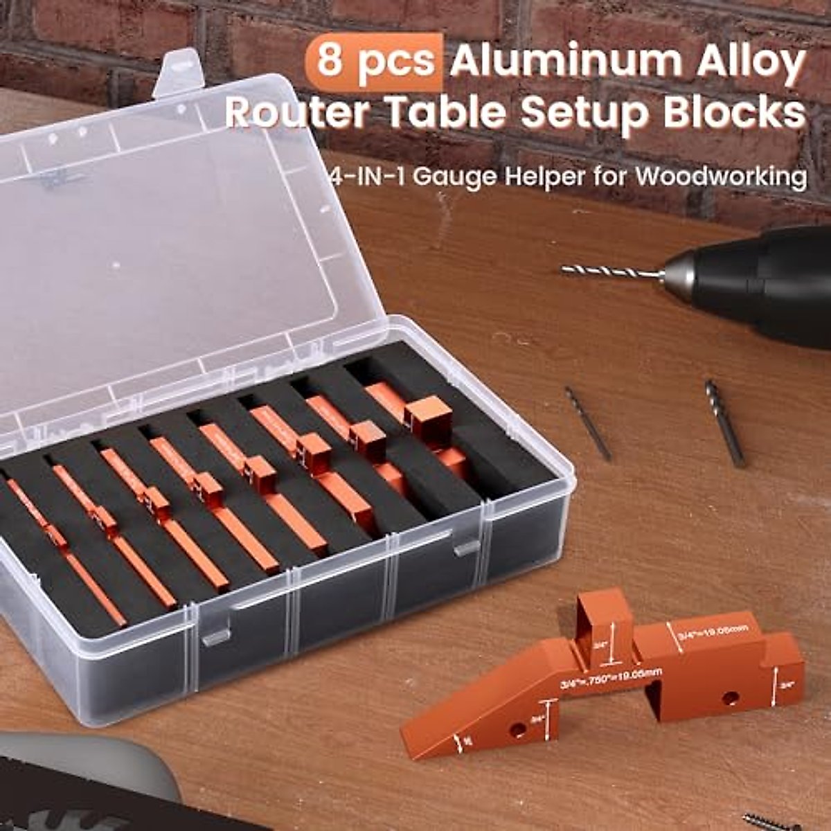 Neitra Router Table Setup Blocks Woodworking - 8pcs Aluminum Alloy Precision Setup Bars for Routers Tables Saw Accessory, Measuring Height Depth Angle Gauge with Storage Case (Each in Varies Thick)