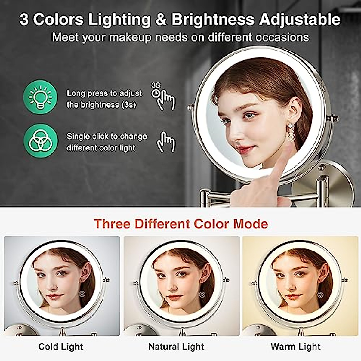 GREENFROM Rechargeable Wall Mounted Makeup Mirror Brushed Nickel, 8.5'' Magnifying Mirror with Lights Double-Sided 1X/10X 360° Rotation Extension Bathroom Shaving Mirror with Foldable Arm