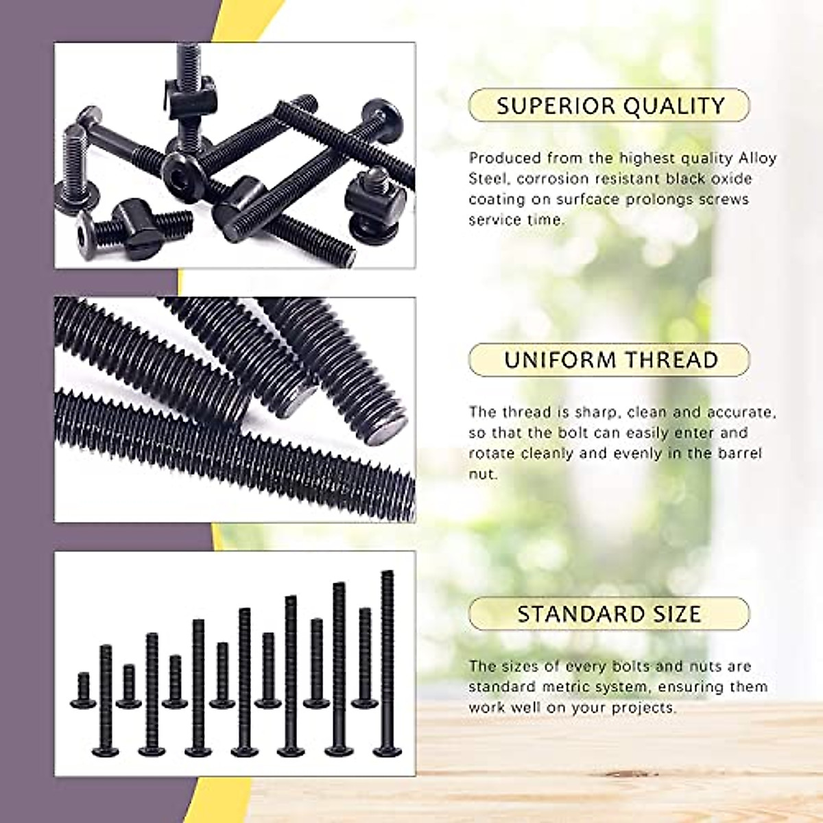 Swpeet 181Pcs M6 x 15mm - 80mm Black Zinc Flat Head Hex Socket Cap Baby Crib Bed Bolts and Threaded Insert Nuts with Flange Nuts and 4 Pronged Tee T Nuts Kit with Allen Wrench