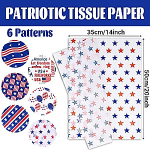 Bolsome 90 Sheets 20*14in Patriotic Tissue Paper for Gift Wrapping, Veterans Day Tissue Paper for Gift Bags Blue White Red Star Striped USA Wrap Tissue for Independence Day 4th of July Party DIY Craft