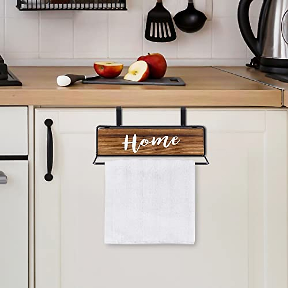 MyGift Rustic Burnt Solid Wood and Black Metal Over The Cabinet Door Dish Hand Towel Rack, Kitchen Drying Towel Bar with Decorative Cursive Home Writing