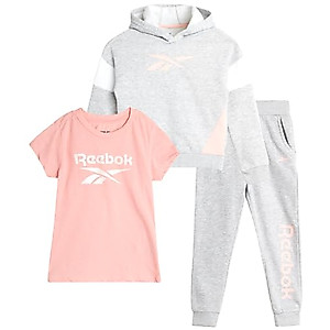 Reebok Baby Girls' Pants Set - 3 Piece Fleece Lined Sweatshirt, Graphic Tee and Jogger Pants for Infant and Toddler (12M-6X), Size 3T, Light Grey Heather