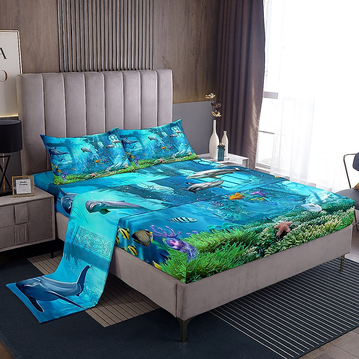 Erosebridal 3D Underwater World Bed Sheets Beach Fish Sea Blue Sheet Set Queen Size, Shark Dolphin Fitted Sheet for Kids Child, Jellyfish Starfish Bedding Set Tropical Sealife Bedroom Decor