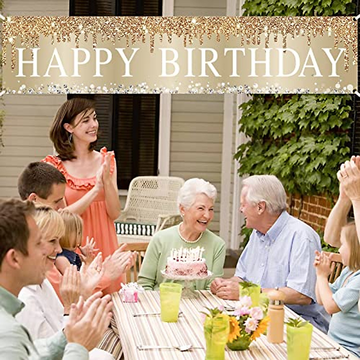 Gold White Happy Birthday Banner Decorations for Women Girls, Gold Glitter Birthday Yard Banner Sign Party Supplies, 16th 18th 21st 30th 40th 50th 60th Birthday Theme Decor for Outdoor Indoor