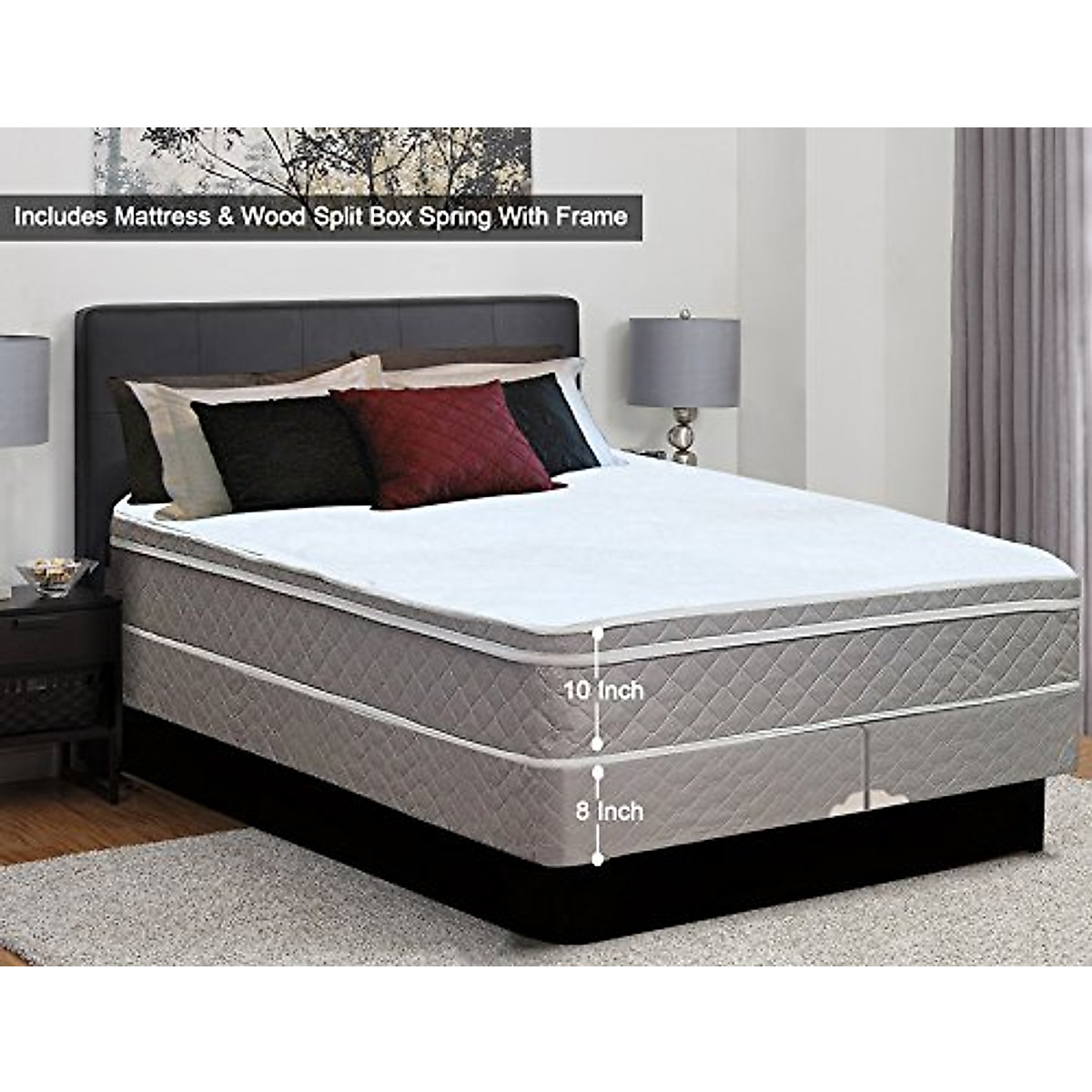 Mattress Solution 10-Inch Medium Plush Eurotop Pillowtop Innerspring Mattress and 8" Split Wood Boxspring/Foundation Set, with Frame, 75" X 48", 1