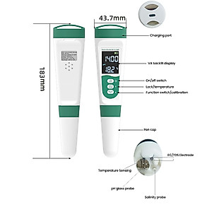 5-in-1 Voice Prompts Water Quality Tester for PH/TDS/EC/Salt/Temperature, with USB-Rechargeable, IP67 Digital pH Meter with Auto Calibration and VA for Hydroponics, Garden, Pool, Aquarium