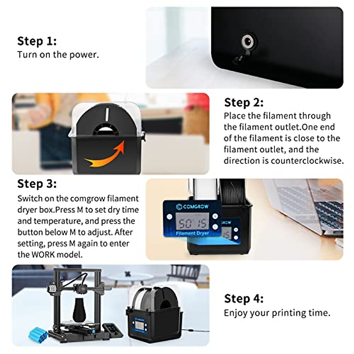 Comgrow 3D Printer PLA Filament 1KG 1.75mm Spool Black Color and 3D Printer Filament Dryer Box