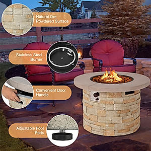 Tangkula 50,000 BTU Propane Gas Fire Pit Table, Patiojoy 36” Round Propane Firepit with Removable Lid, Volcanic Rock & PVC Cover, Outdoor Fire Pit Table with Faux Stone Surface for Patio, Backyard