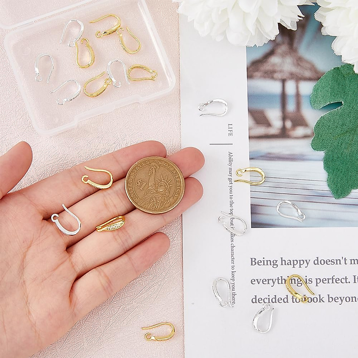 HOBBIESAY 20Pcs 2 Colors Brass Micro Pave Clear Cubic Zirconia Earring Hooks with Horizontal Loops Golden/Silver Earrings Round Lever Ornaments for Jewelry Making DIY Bracelet Necklace