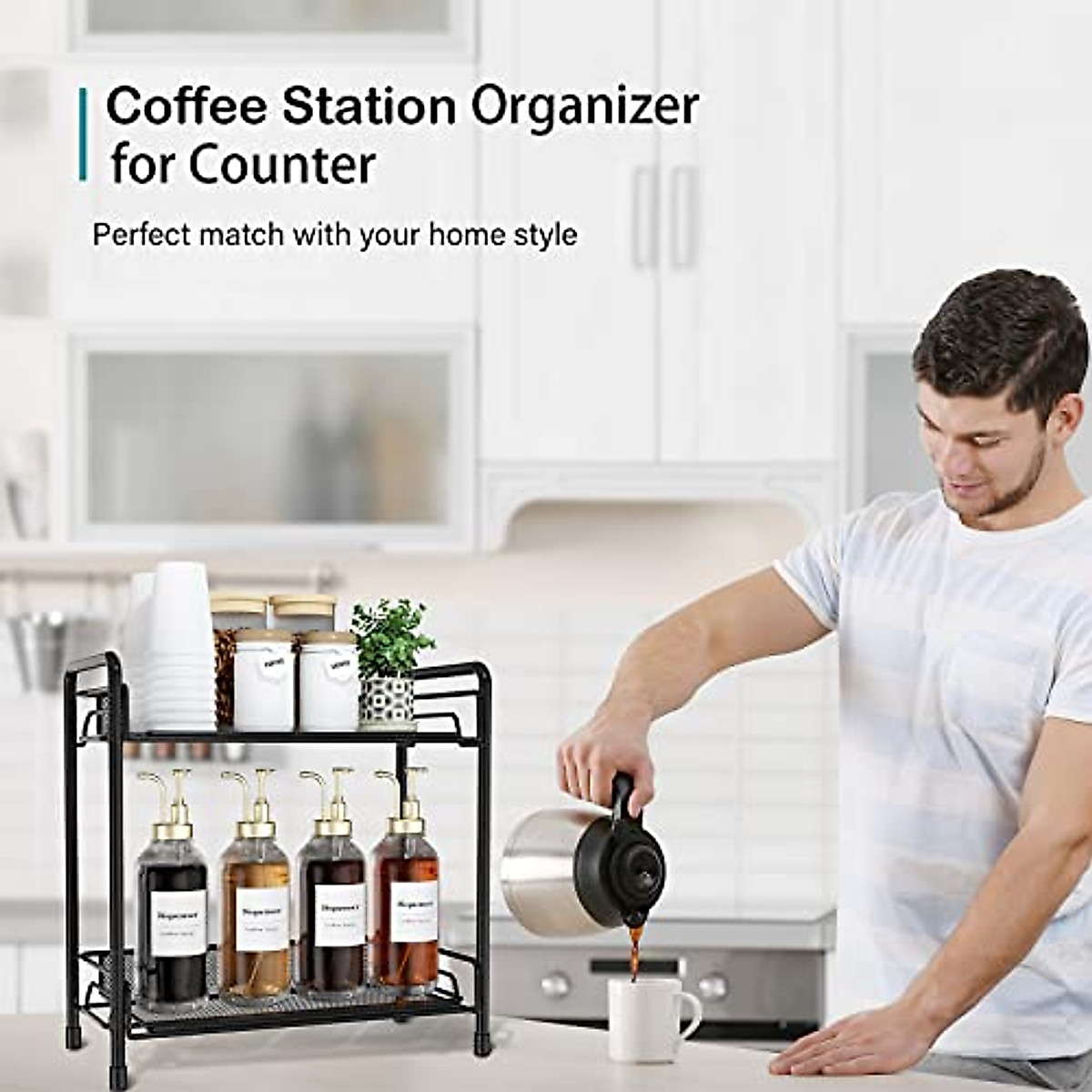 BOKIOVIN Coffee Stand Station Organizer for Countertop,Coffee Bar Organizer Accessories Shelves for Kitchen Counter 2 Tier(Black)