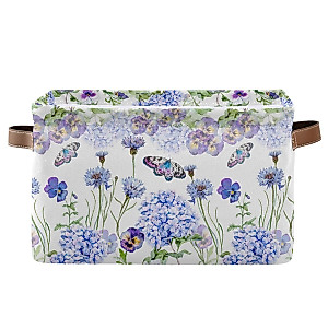 Floral Rectangle Storage Basket Collapsible Storage Bin for Nursery Toys Books Waterproof Hydrangea Cornflowers Watercolor Baskets for Closet Shelves Bedroom Decor