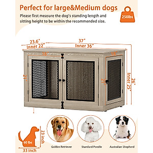 Furnipeture Wooden Dog Crate Furniture with Cushion,Heavy-Duty Dog Crate Side End Table Chew-Proof with Double Door,Modern Kennel for Large Dogs Indoor up to 60 lb - Grey (Size:37" L*23.6W*26" H)