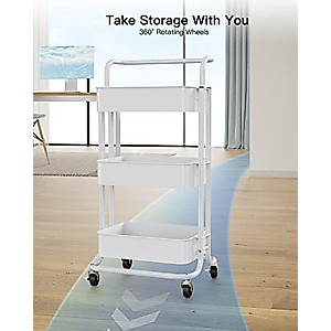 Totnz Rolling Utility Cart, 3-Tier Mesh Organization Cart with Lockable Wheels, Multi-Functional Storage Trolley for Office, Living Room, Kitchen, Laundry, Bathroom Storage, White (TZUC01W)