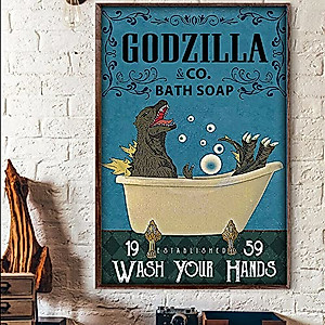 SaNavie Godzilla Co Bath Soap Wash Your Hand Poster Home Coffee Wall Decor Home Bar Man Cave Diner Garage Decor metal tin sign 6x8 Inch