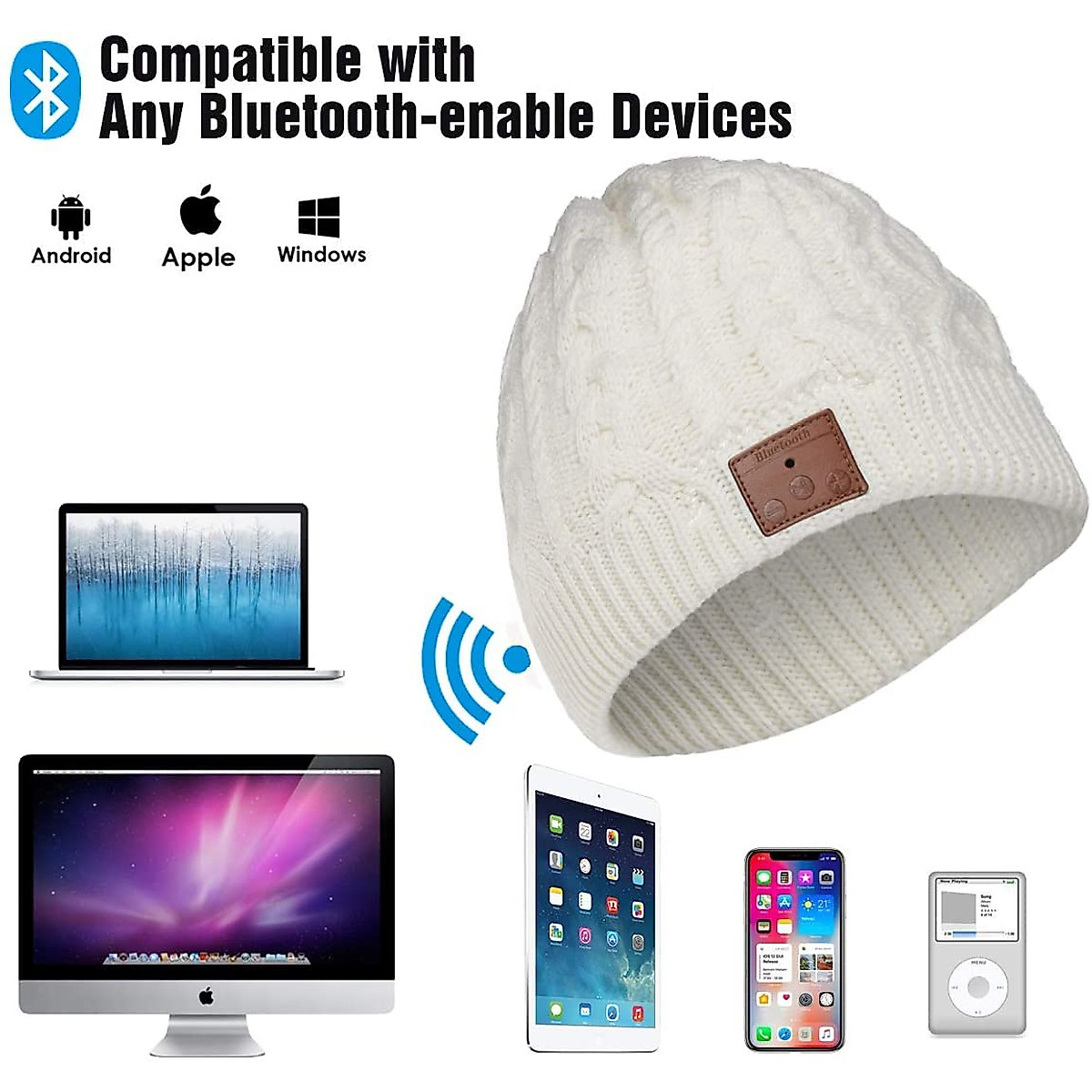 ZRUHIG Bluetooth Beanie,Stereo Knit Music Hat with Bluetooth V5.0 Wireless Hats Headphone Upgraded Unisex Knit Bluetooth Beanie Suitable for Outdoor Sports,Gift White