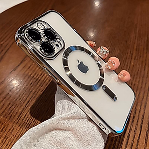ZIYE Magnetic Case for iPhone 13 Pro Max Case [Compatible with MagSafe] Camera Lens Protector Plating Luxury Cover for Women Men Clear Soft TPU Shockproof Protective Phone Case - Silver