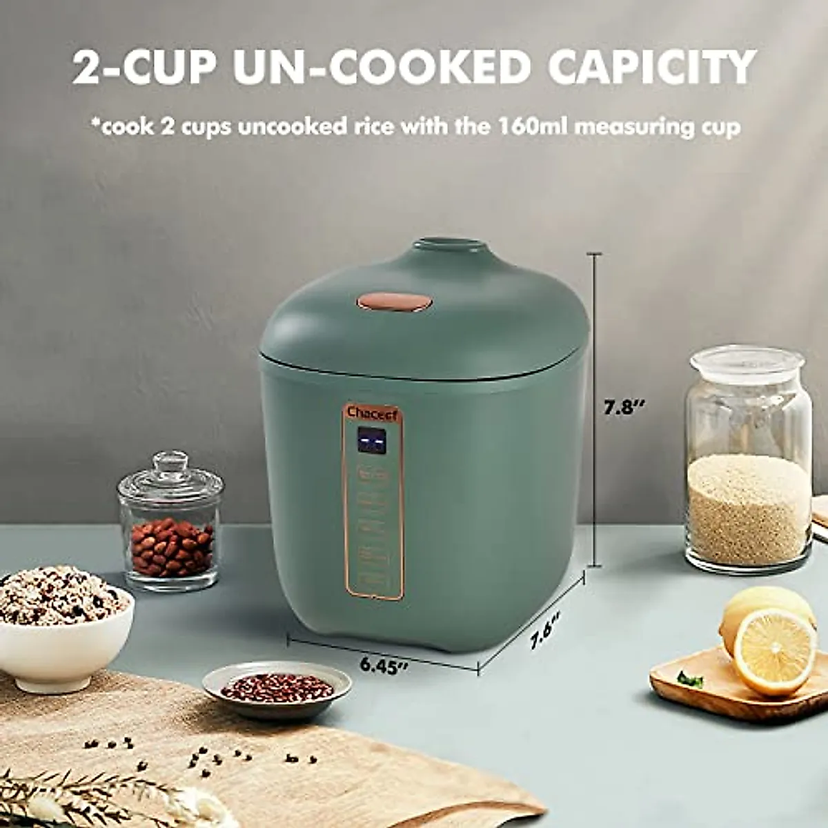 CHACEEF Mini Rice Cooker 2-Cups Uncooked, 1.2L Portable Non-Stick Small Travel Rice Cooker, Smart Control Multifunction Cooker with 24 Hours Timer Delay & Keep Warm Function, Food Steamer, Green