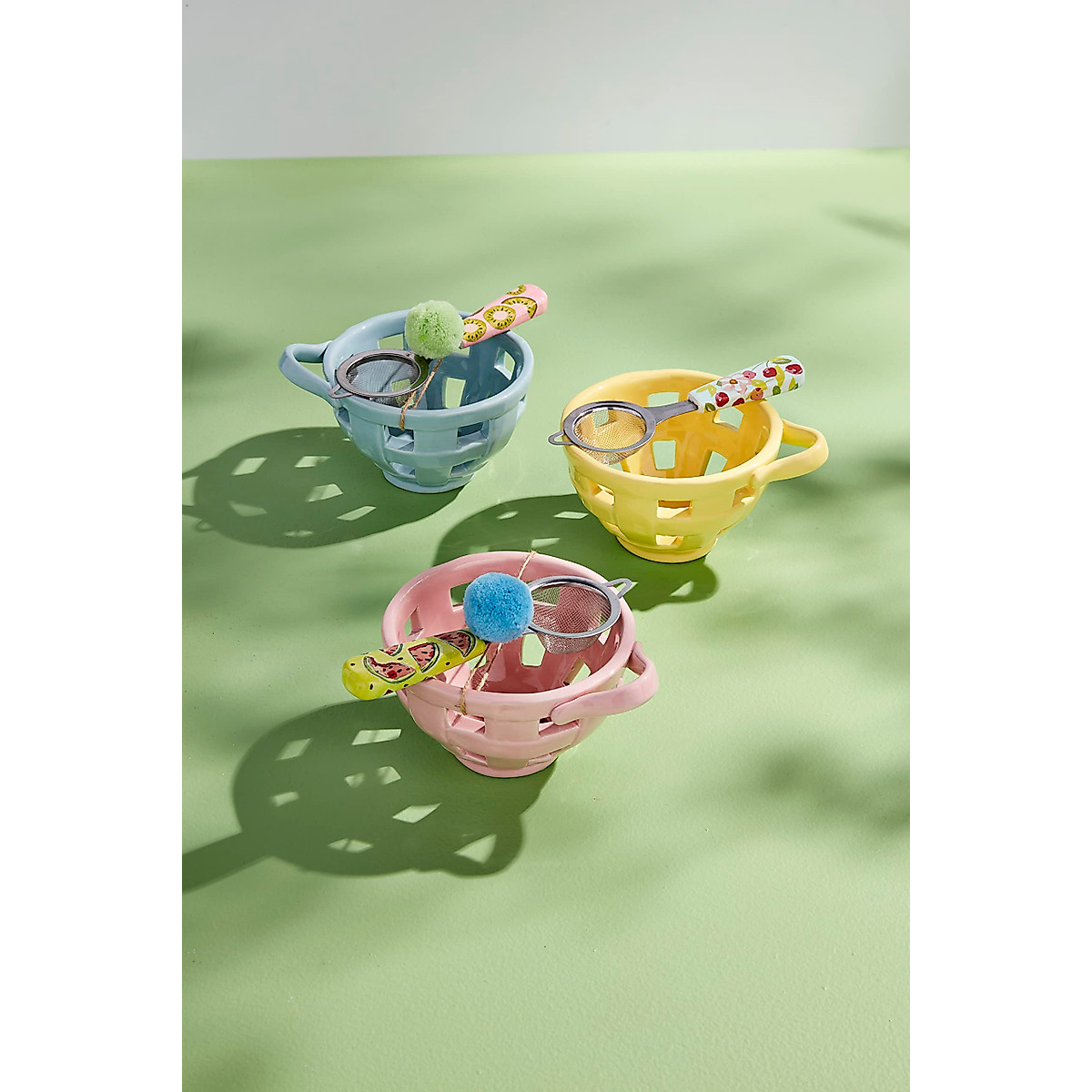 Mud Pie Colorful Berry Bowl Set, 3 1/2" x 5 1/2" Dia | Strainer 5", Yellow