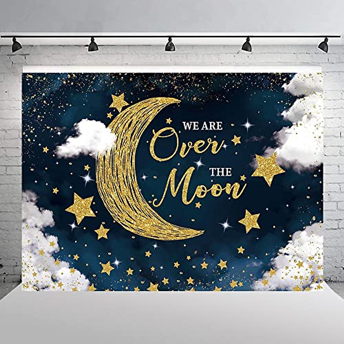 Hilioens 7×5ft We are Over The Moon Baby Shower Backdrop Moon and Stars Starry Night Celestial Background Twinkle Twinkle Little Star Baby Shower Party Decorations for Boy Photo Props