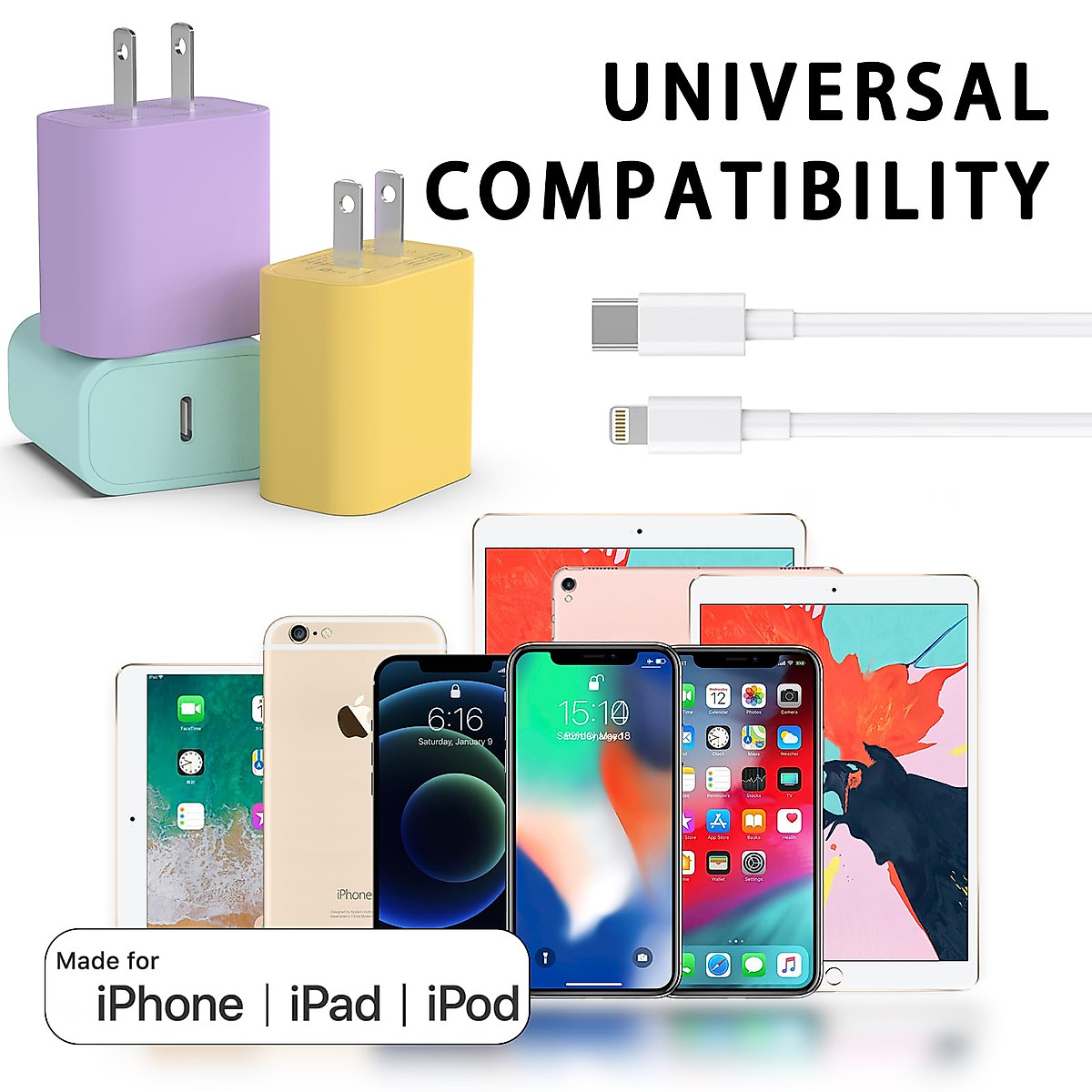 3 Pack USB C Charger, 20W PD USB C Wall Fast Charger Adapter with 3 Pack [MFi Certified] 6FT Type C to Lightning Cable Compatible with iPhone 14 13 12 11 Pro Max XR XS X,iPad(Yellow+Purple+Green)